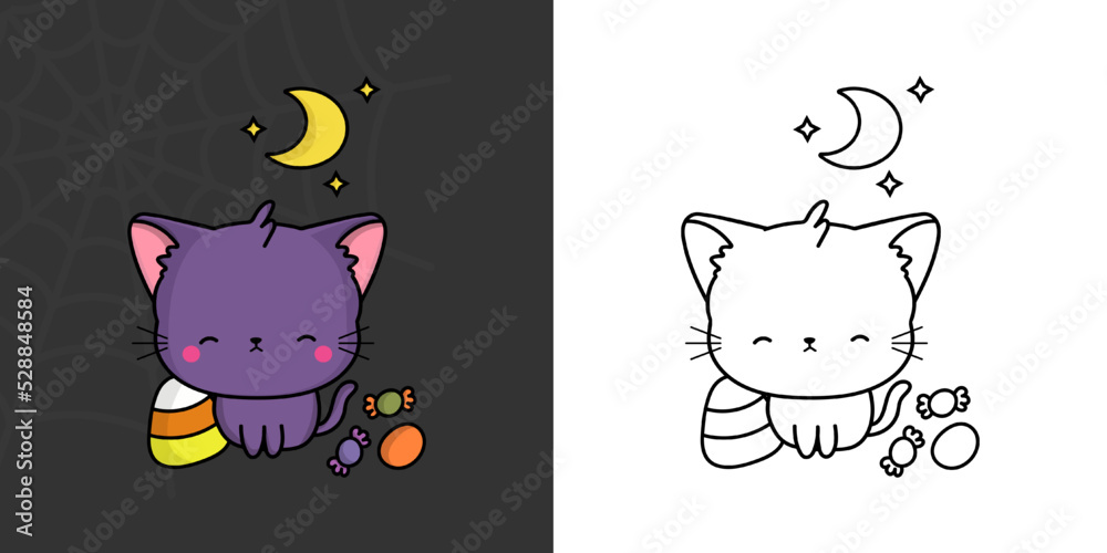 Cute Halloween Violet Cat Clipart for Coloring Page and Illustration ...
