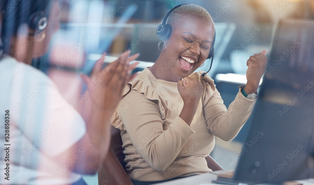 Call center, black woman and celebrating promotion or success in ...