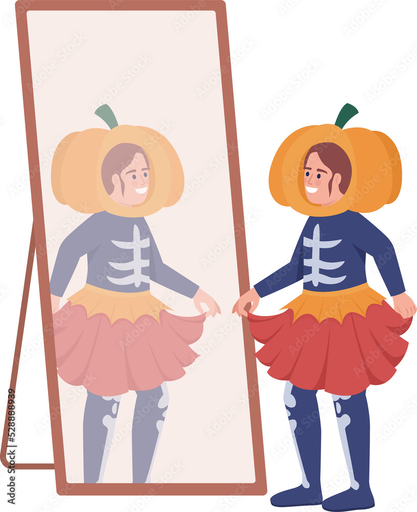 Girl looking at her reflection semi flat color raster character. Full ...