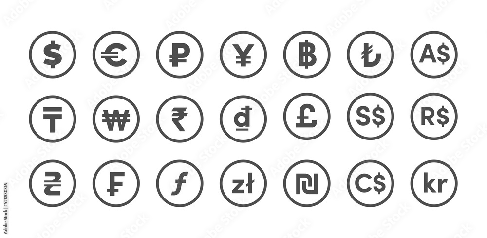 World currency icons set. Simple euro, dollar, pound, franc, ruble, yen ...