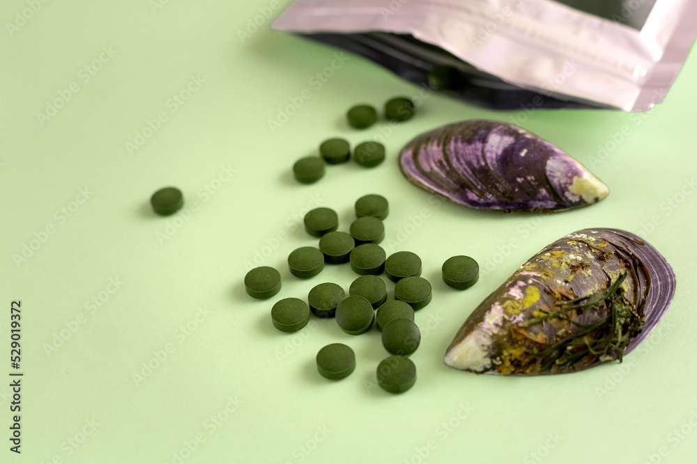 Close-up of the iodine supplement from kelp spilling out of the package ...