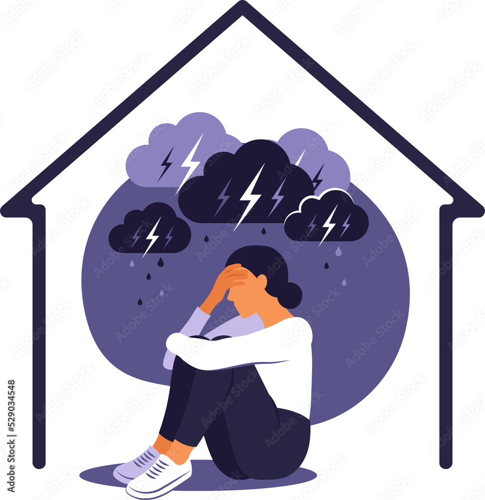 Domestic violence against women concept. Woman sits alone at home under ...