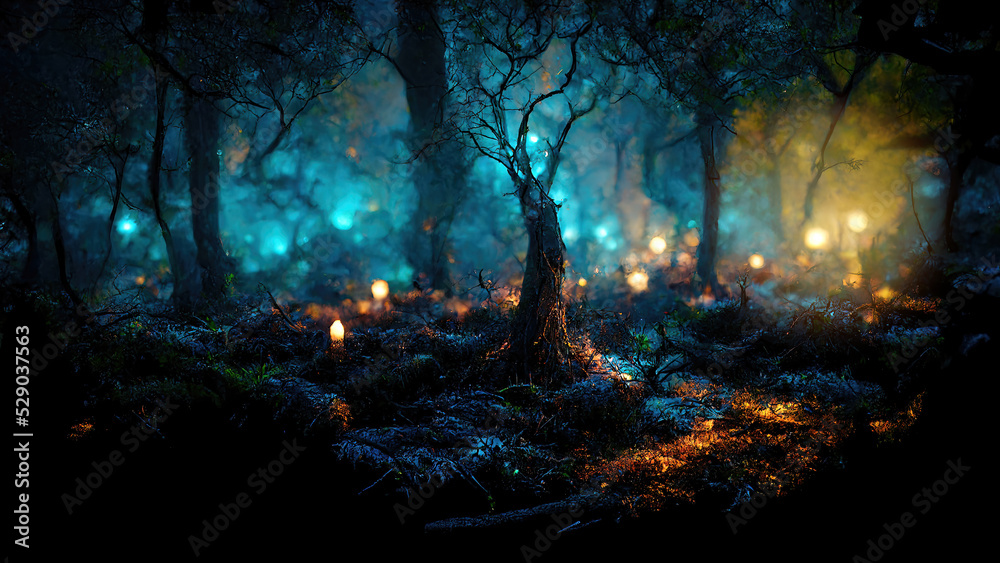 Mystical magical forest at night with glowing lights Stock Illustration ...