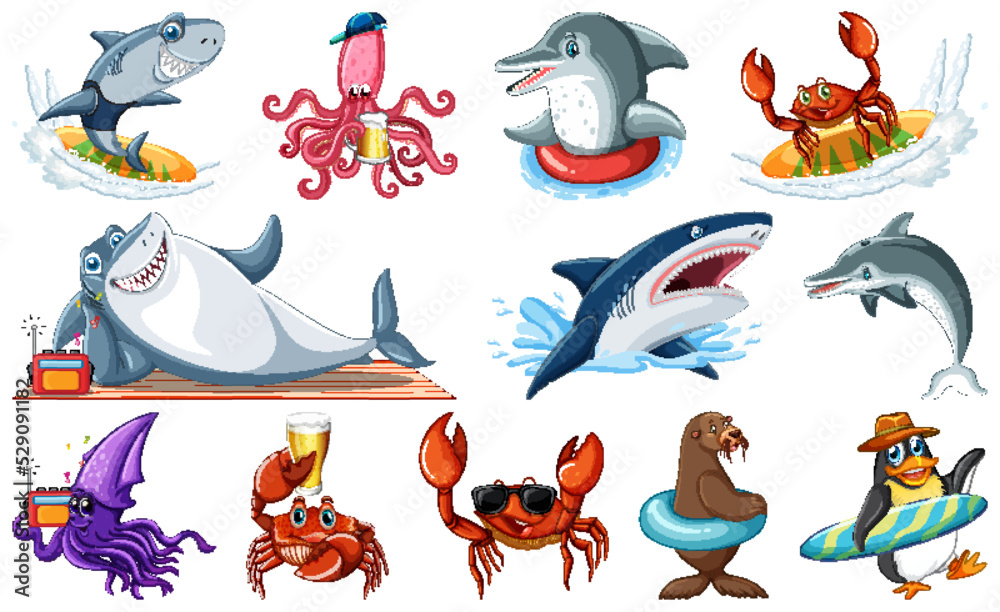 Set of various sea animals cartoon characters Stock Vector | Adobe Stock