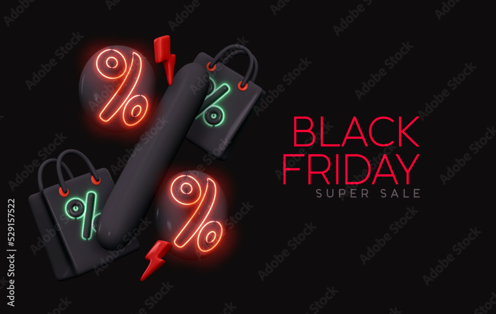 Black Friday super sale. Promo background with realistic 3d cartoon ...