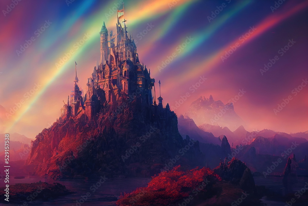 Fantasy castle in the mountains, green hills, blue sky, Fantasy ...