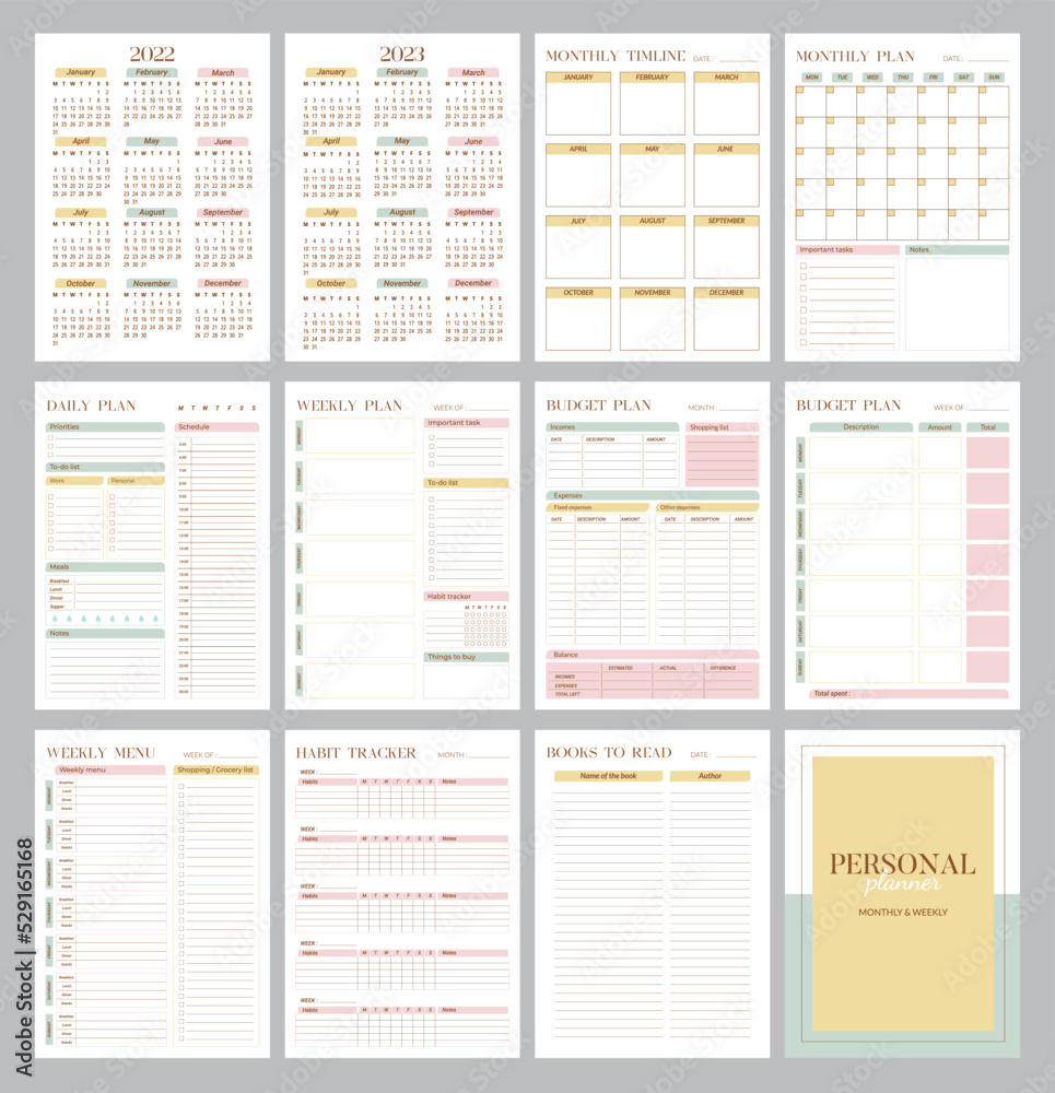 Personal planner page templates with calendar and cover. Vertical A4 ...