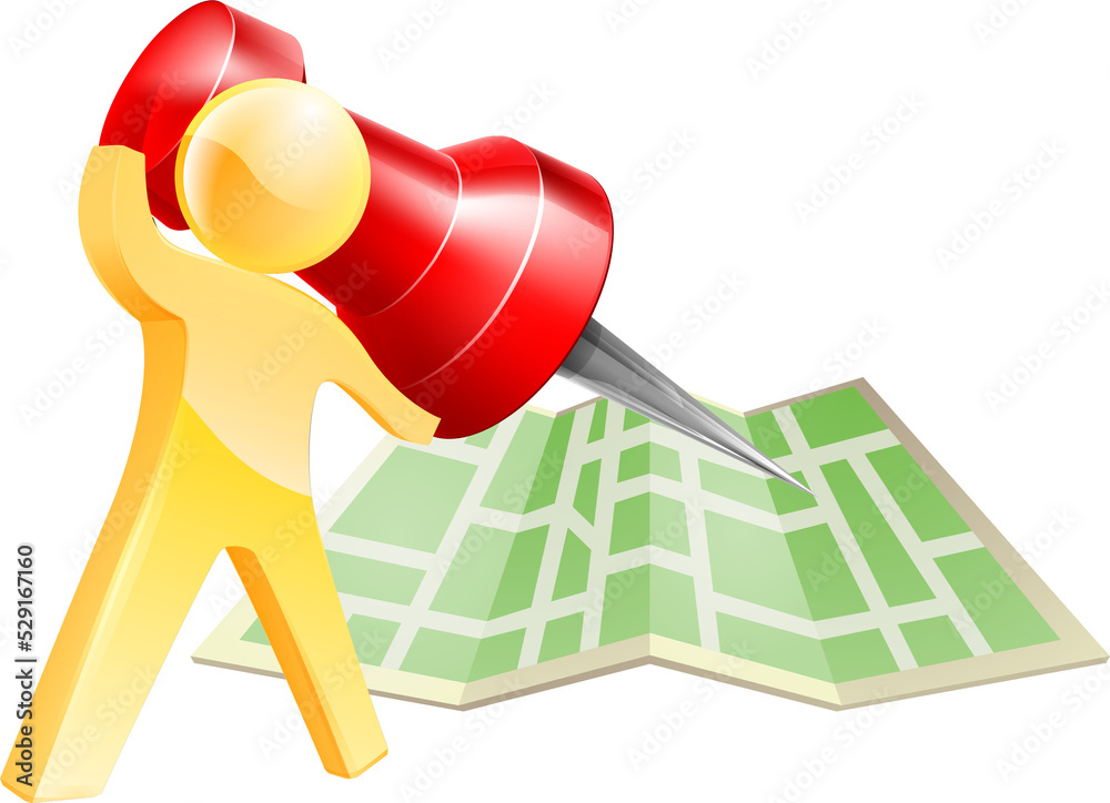 Map pin gold person concept of a gold mascot figure about to mark a ...
