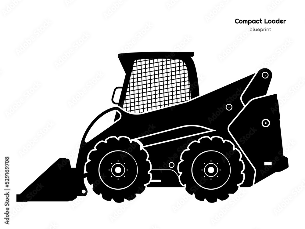 Black silhouette of compact loader. Side view. Isolated drawing of mini ...