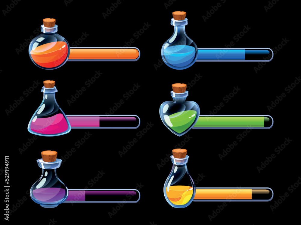 Potion progress bar. Life elixir bottles GUI asset, cartoon poisoning ...