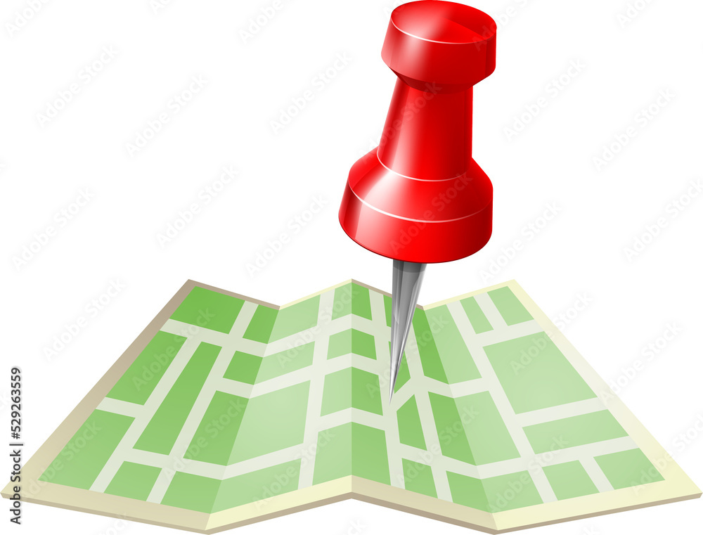 Map and pin icon of a tack or map pin about to go into a paper folded ...