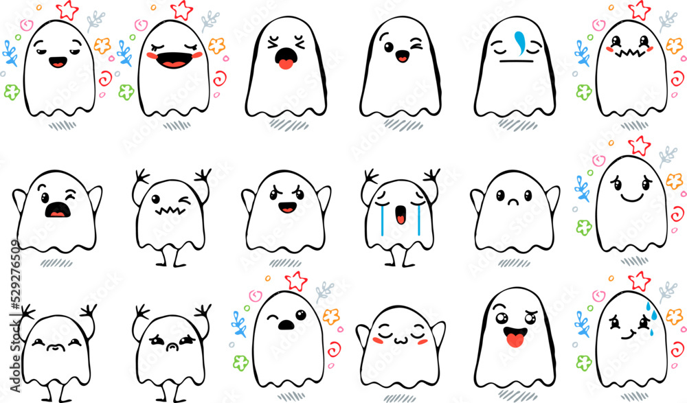 Set of Various Cartoon Ghosts with Emoticons. Doodle ghouls, eyes and ...
