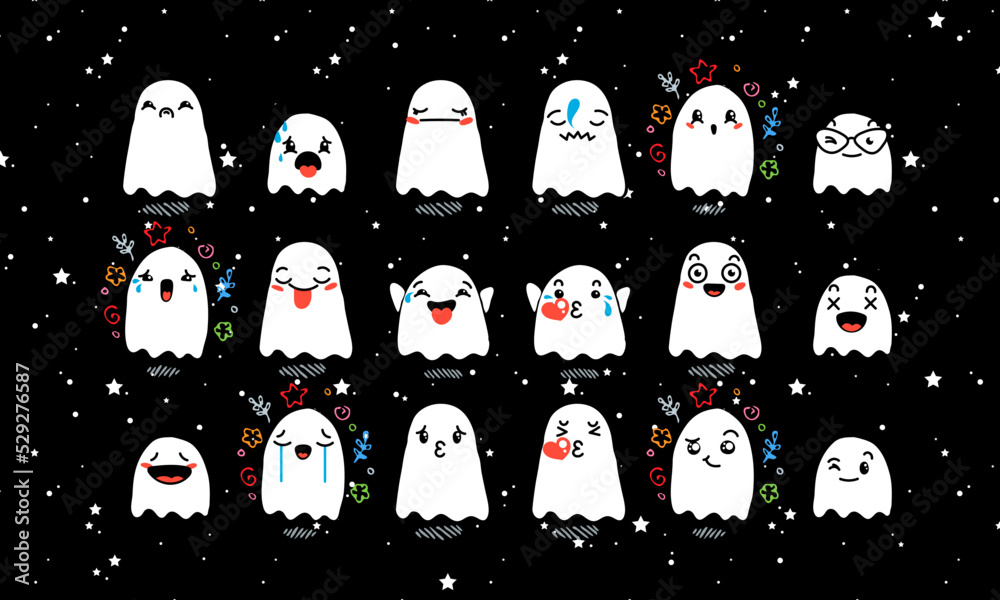 Set of Various Cartoon Ghosts with Emoticons. Doodle ghouls, eyes and ...