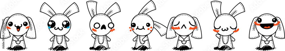 Outline Cartoon Rabbits. Emoticons, doodle faces, eyes and mouth ...