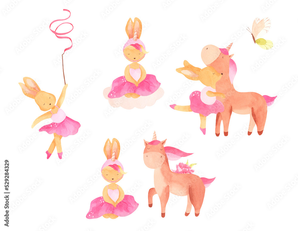 Little Bunny Ballerinas - Watercolor Hand-drawn illustration of bunnies ...
