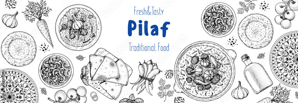 Pilaf cooking and ingredients for pilaf, sketch illustration. Middle ...