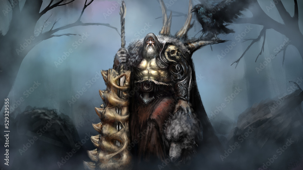 A viking monster hunter stands with a werewolf head in his hand and a ...