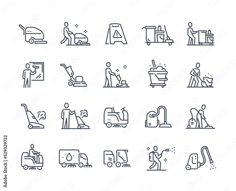 Industrial Cleaning Service Line Icons set. Cleaning machines, cleaners ...