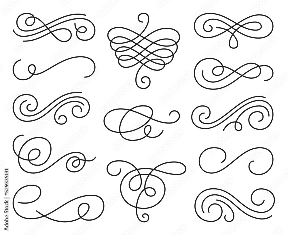 Calligraphic design element set, swirl ornament. Decorative curls ... Calligraphic design element set, swirl ornament. Decorative curls ...