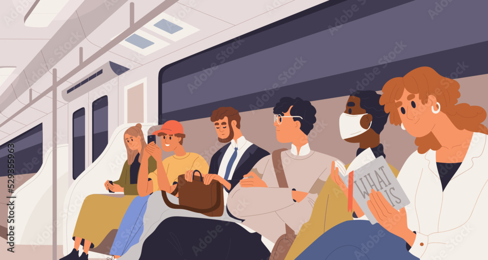 People commuting in subway train. Passengers of public transport sit ...