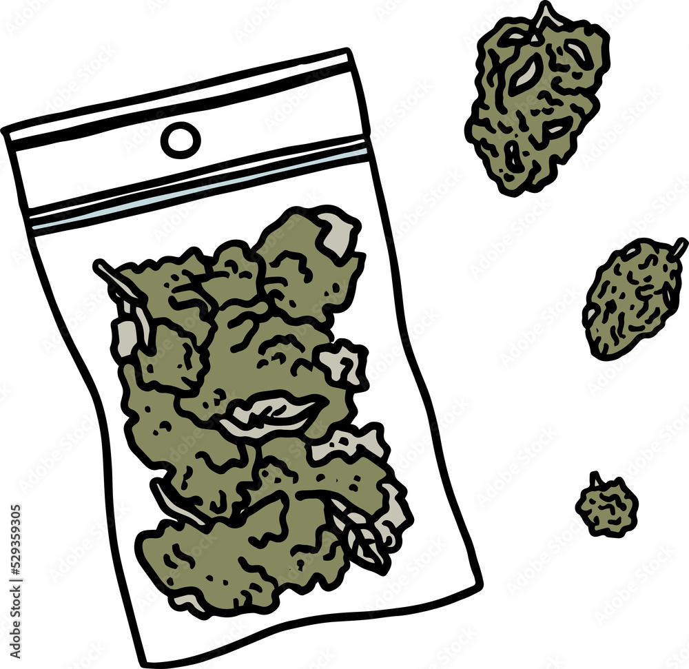 llustration of plastic bag with weed. Cartoon image of small plastic bag with marijuana buds in ...