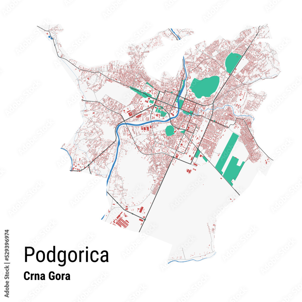 Podgorica vector map. Detailed map of Podgorica city administrative ...