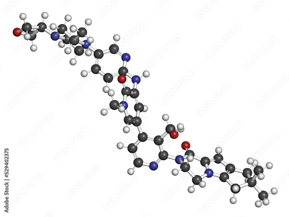 Fenebrutinib drug molecule. 3D rendering. Atoms are represented as ...