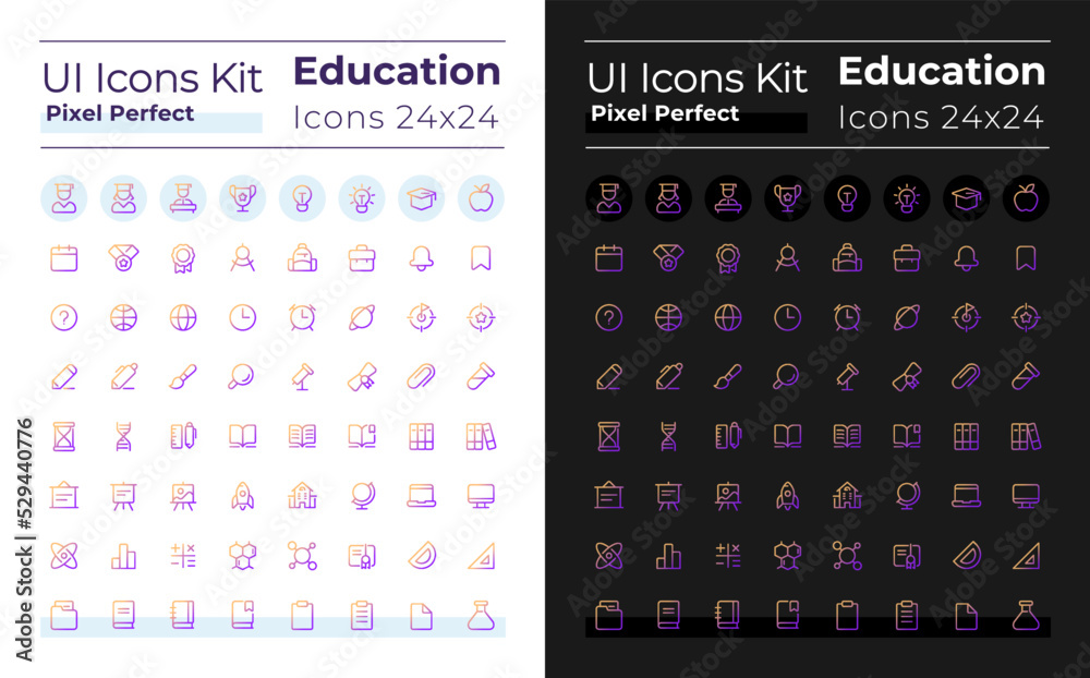 Distance education pixel perfect gradient linear ui icons set for dark ...