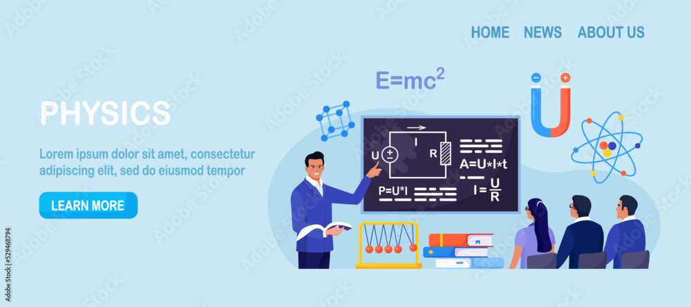 Physics school subject. Student studying electricity, magnetism, light ...