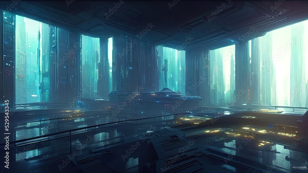 Futuristic high-tech night room, office in cyberpunk dystopian New York ...
