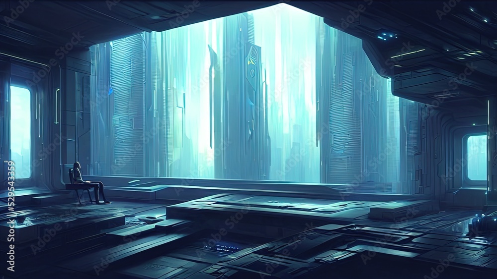 Futuristic high-tech night room, office in cyberpunk dystopian New York ...