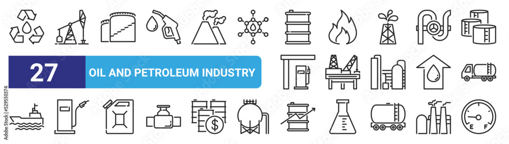 set of 27 outline web oil and petroleum industry icons such as recycle ...