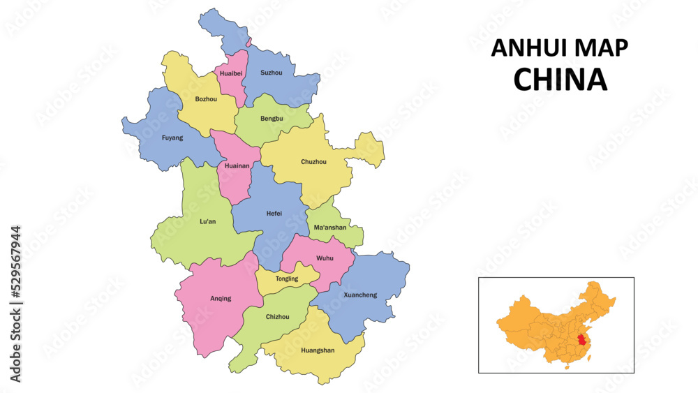 Vector de Stock Anhui Map of China. State and district map of Anhui ...