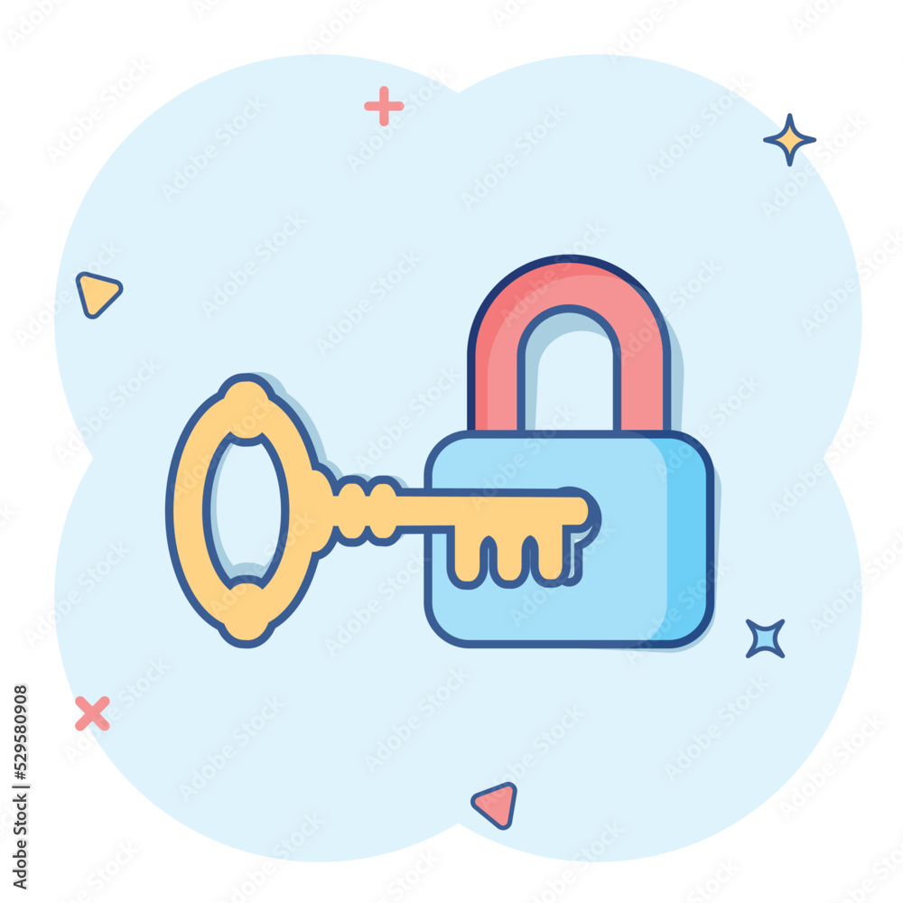Key with padlock icon in comic style. Access login vector cartoon ...