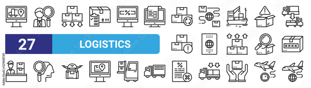 set of 27 outline web logistics icons such as tracking, inspection ...