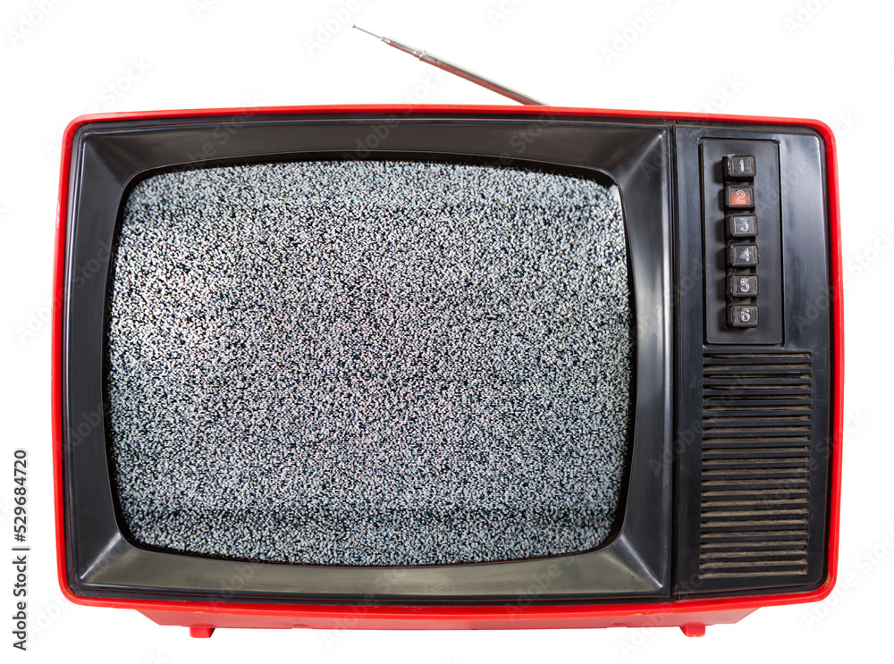 Red vintage portable CRT TV set made in USSR with television static ...