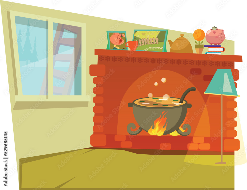 2d illustration. Pig house. Fireplace. Fire in the fireplace. Room with ...