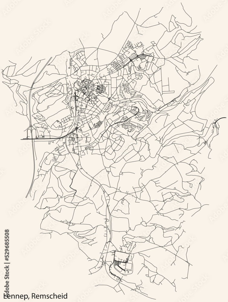 Detailed navigation black lines urban street roads map of the LENNEP ...