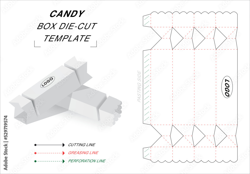 Candy box die cut template with 3D blank vector mockup for sweet ...