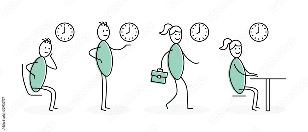 Set of stickman or stick figure doing activity with time clock symbol ...