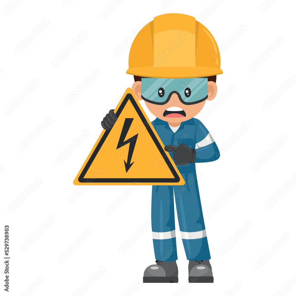 Industrial worker with electrical hazard sign warning. Caution ...