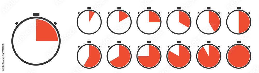 Timer, clock, stopwatch isolated set icons with different time ...