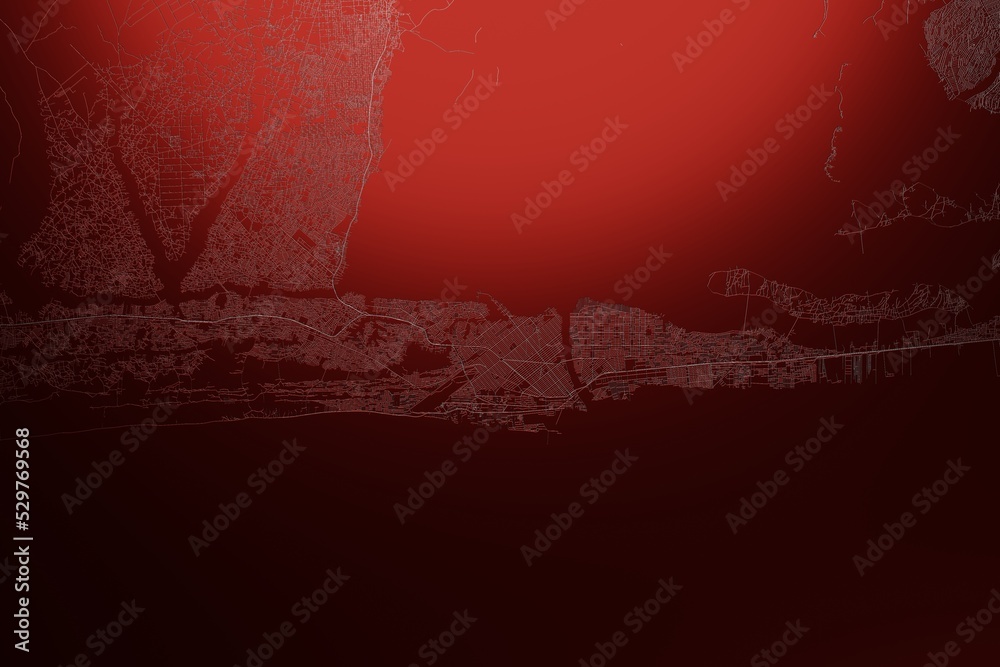 Street map of Cotonou (Benin) engraved on red metal background. Light ...