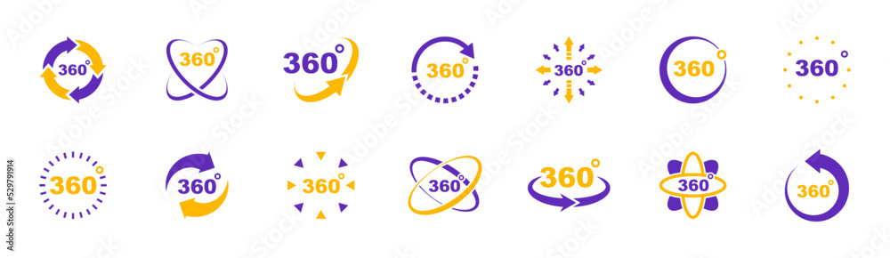 360 degrees view icon set. Signs virtual reality, panoramas and 360 ...