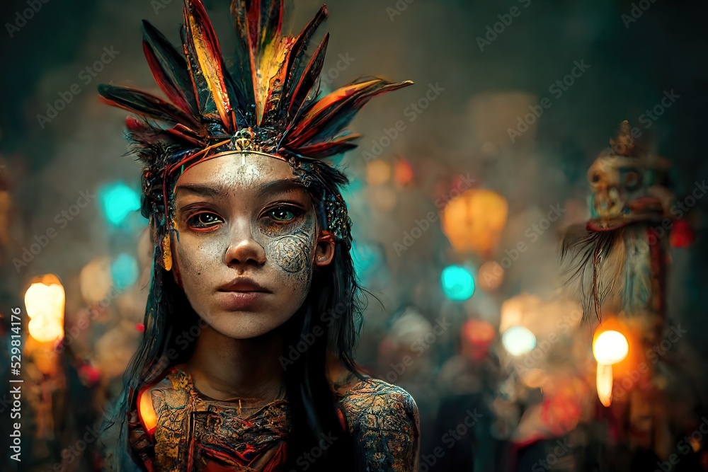 3d illustration of aztec woman warrior with crown of feathers Stock ...
