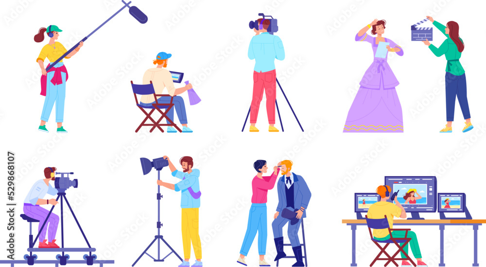 Filming team. Movie shooting staff professional filmmaking process ...