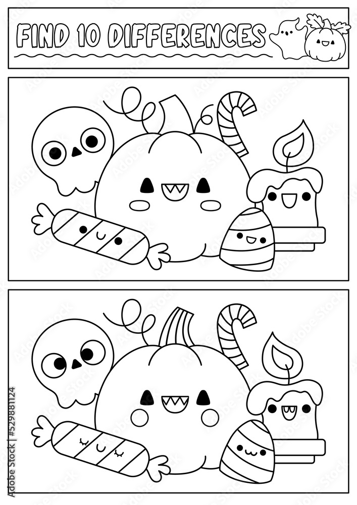 Halloween black and white find differences game for children. Attention ...