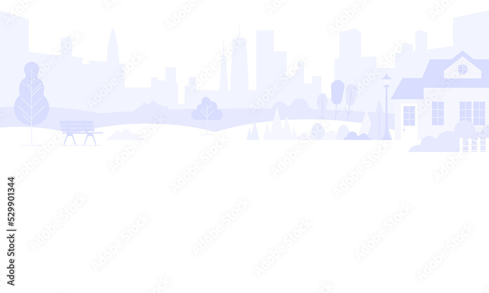 Light gray cityscape background. City buildings with trees at park view ...