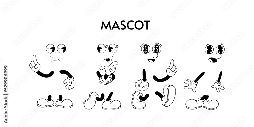 Vintage cartoon hands in gloves and feet in shoes. Cute animation ...