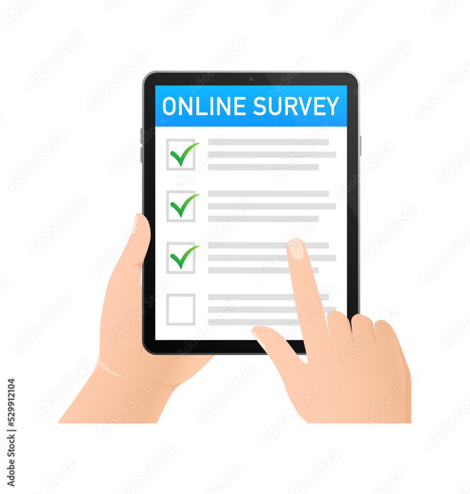 Checklist on tablet screen. Online survey concept. Hand holds tablet ...